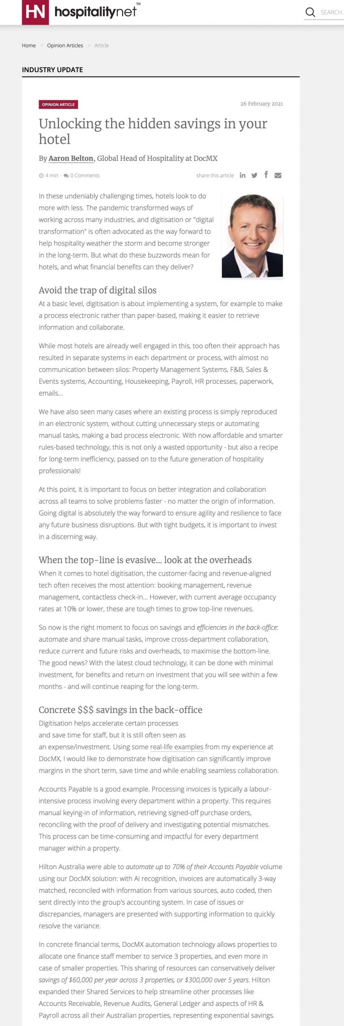 DocMX in the press - HospitalityNet: Unlocking savings | DocMX